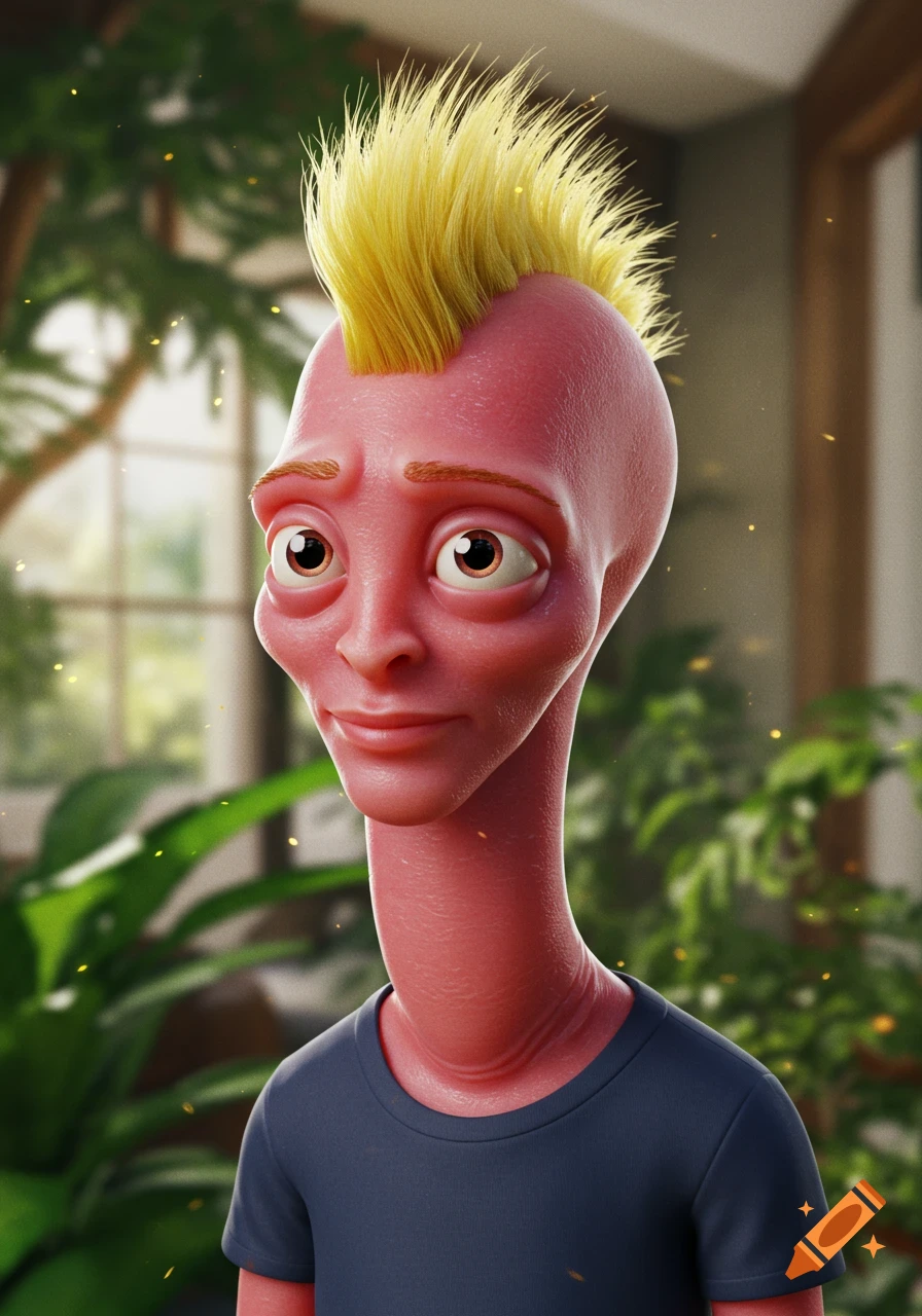 A realistic 3D render of a pinkish, long-necked cartoon character with ...