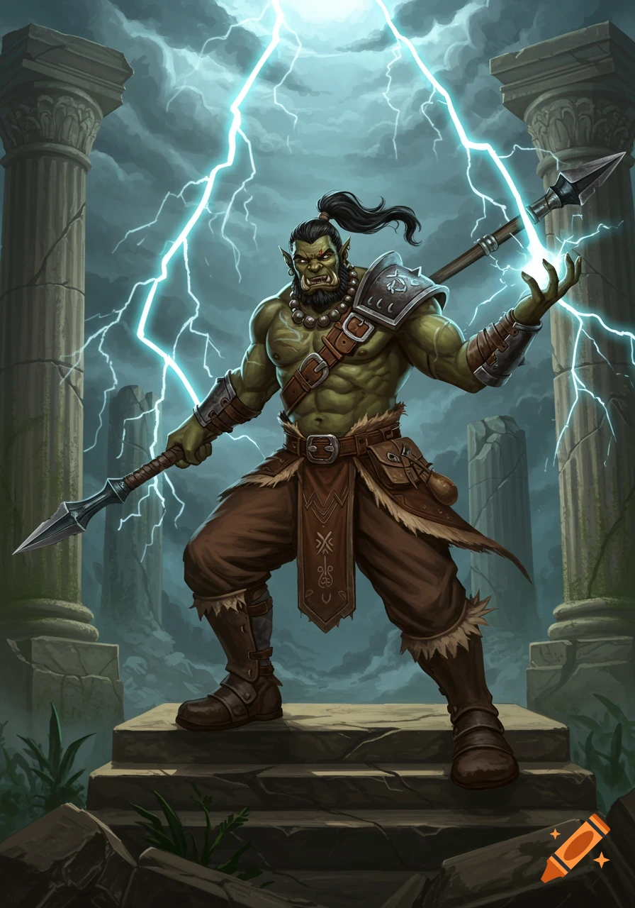 A muscular green-skinned half-orc warrior stands on stone ruins ...