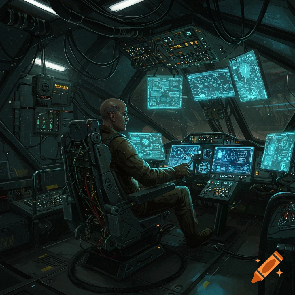 A bald man pilots a futuristic spaceship in a dark, detailed cockpit ...