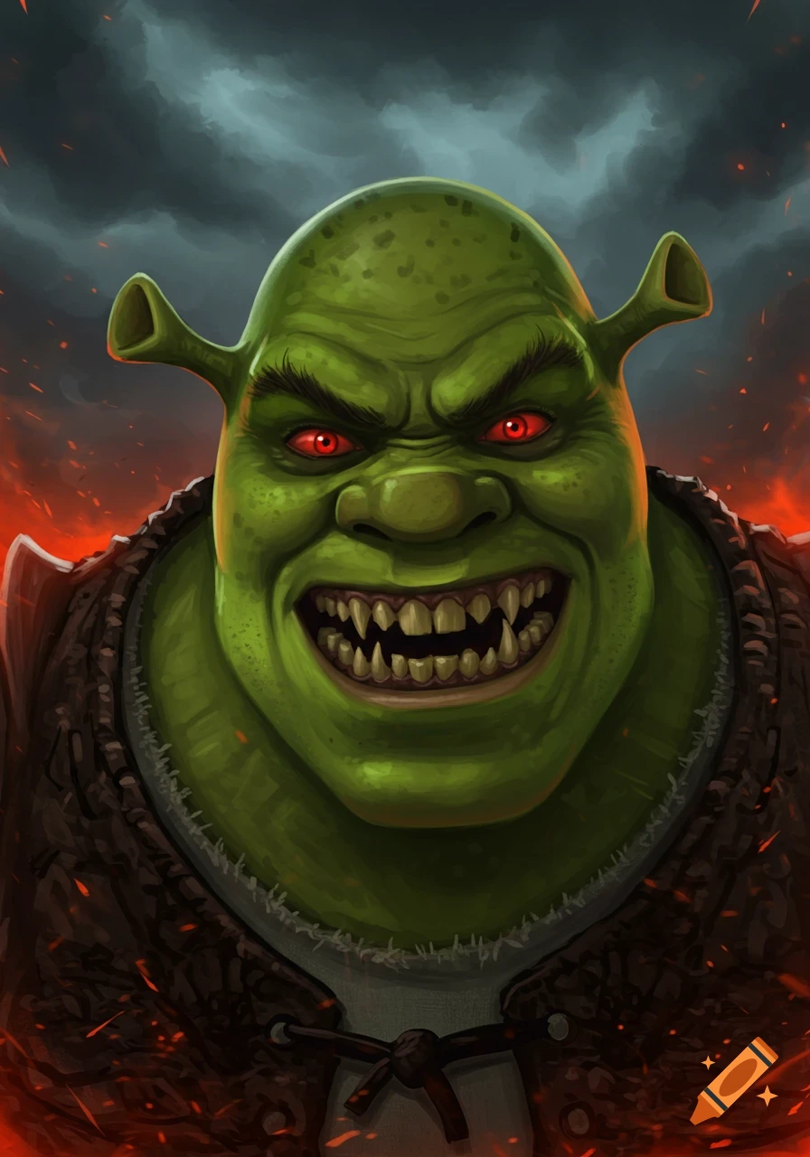 A close-up digital painting of an evil Shrek with red eyes and sharp ...