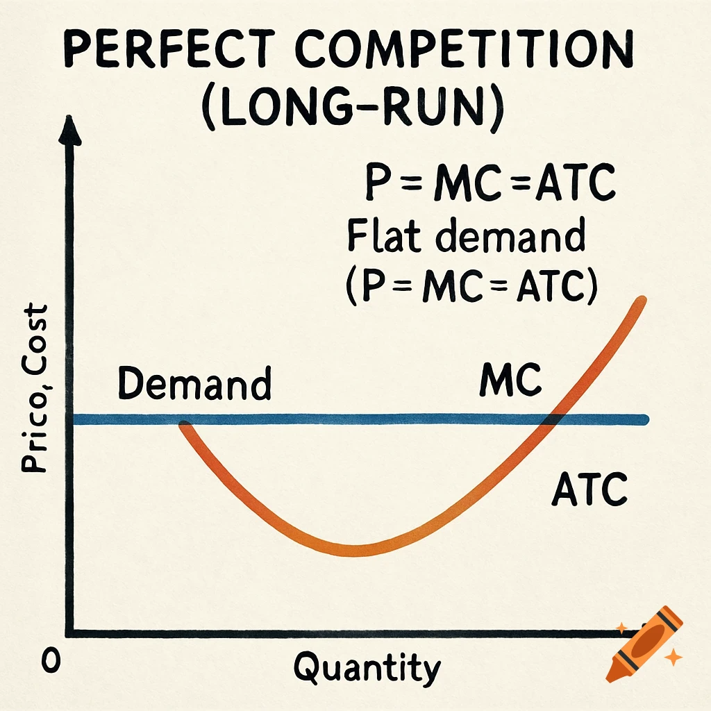 A long-run perfect competition graph showing price, demand, marginal ...