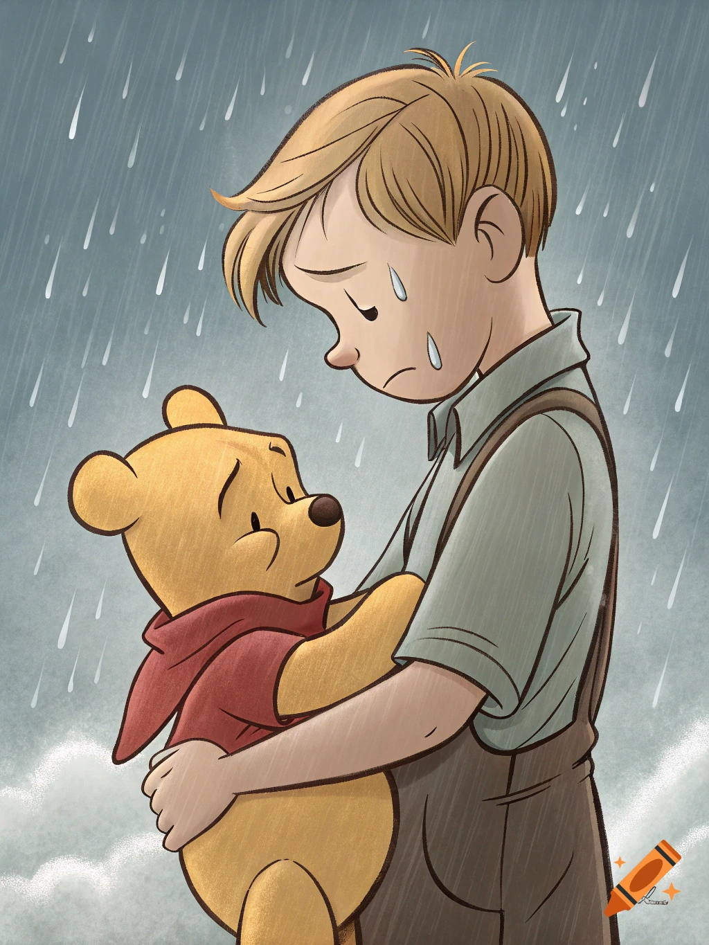 A crying Christopher Robin embraces a sad Winnie the Pooh in the rain ...
