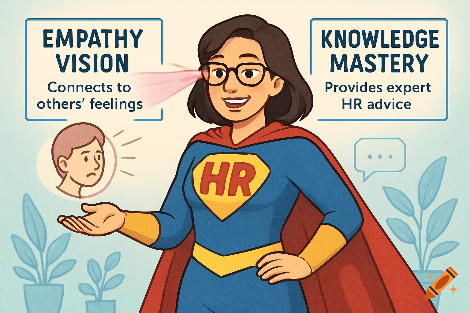 A female superhero with "HR" on her chest demonstrates "Empathy Vision ...