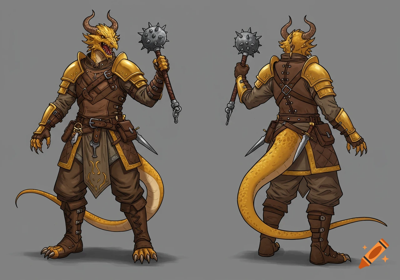 Character reference sheet of a fierce gold dragonborn in leather and ...