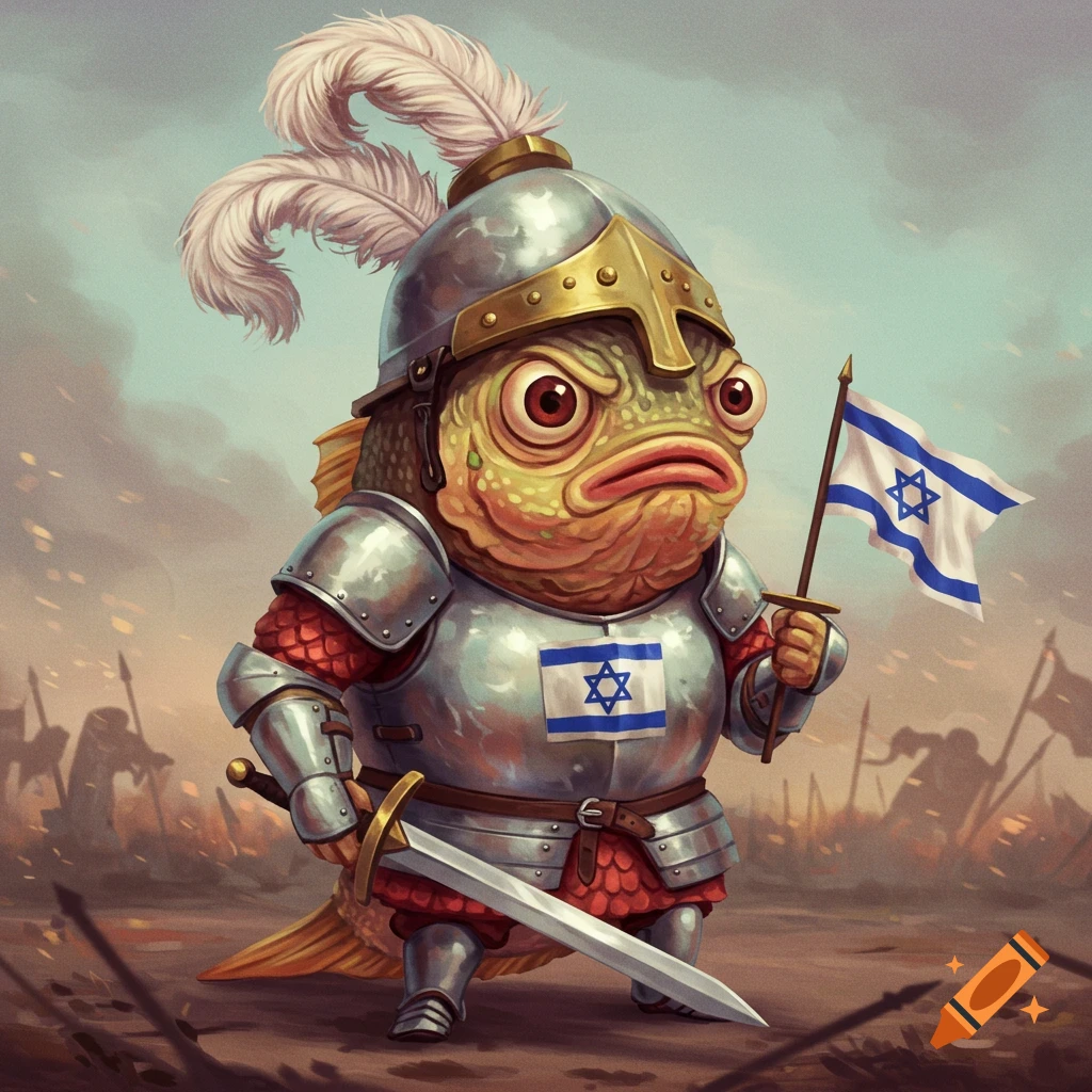 A whimsical fish character in medieval armor holds an Israeli flag and ...