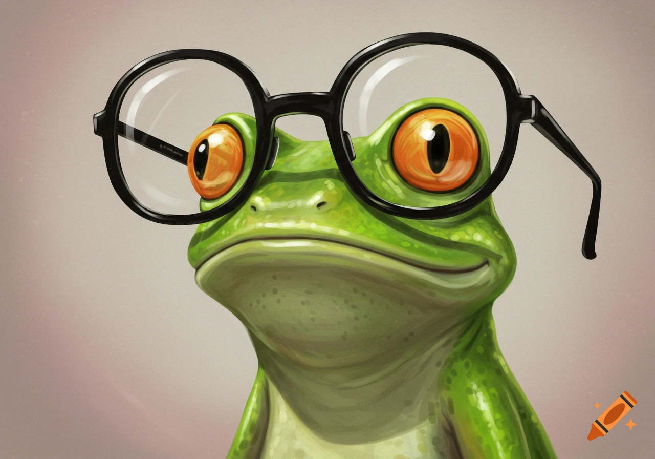 A cartoon green frog with large orange eyes wears round black-rimmed ...