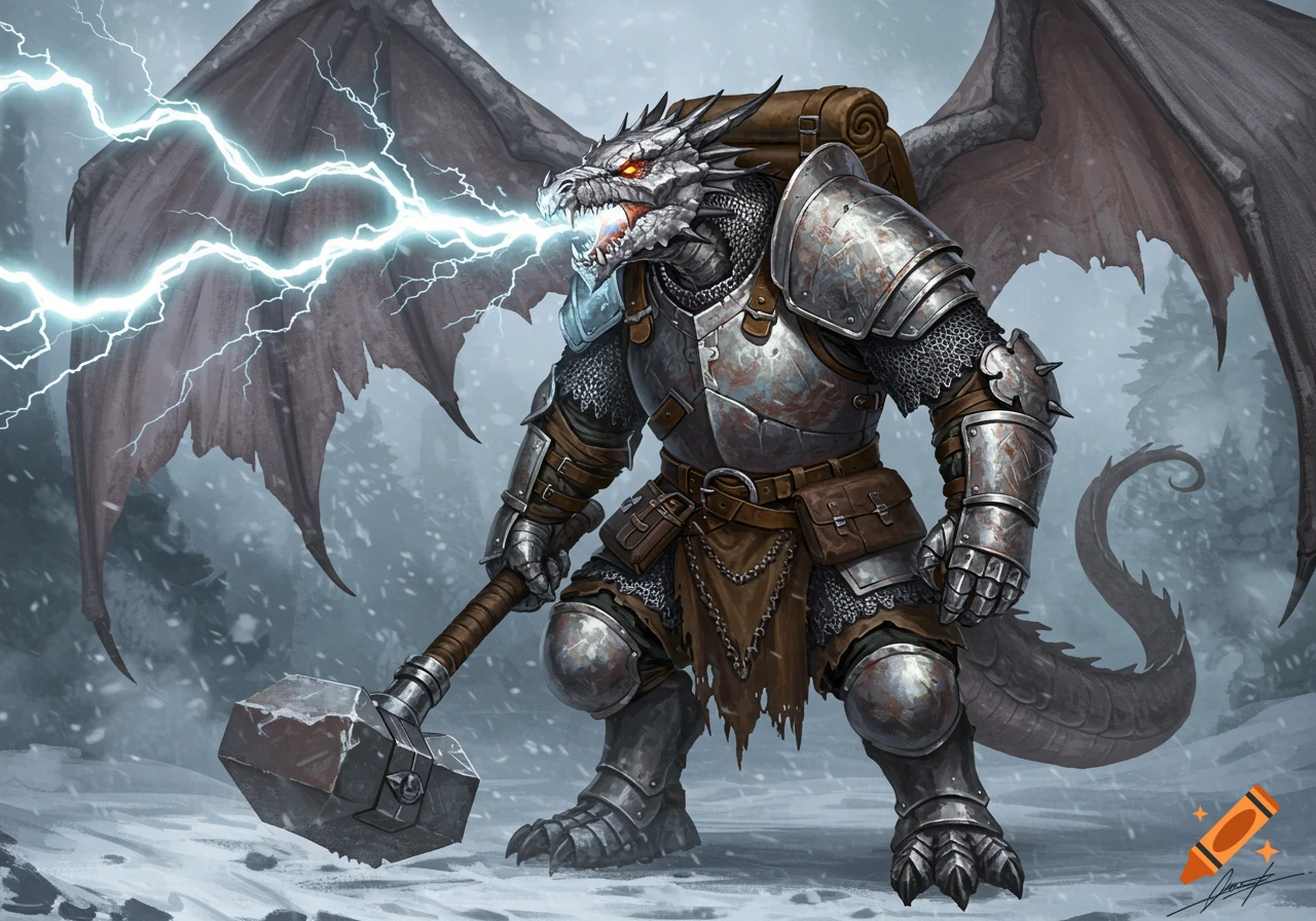 A silver-scaled dragonman warrior in weathered chainmail exhales an ...