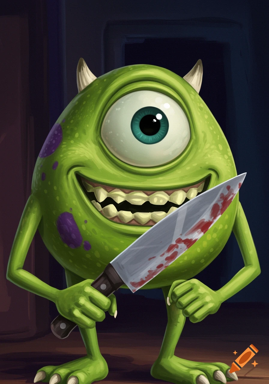 Mike Wazowski from Monsters Inc. with a sinister smile, holding a ...