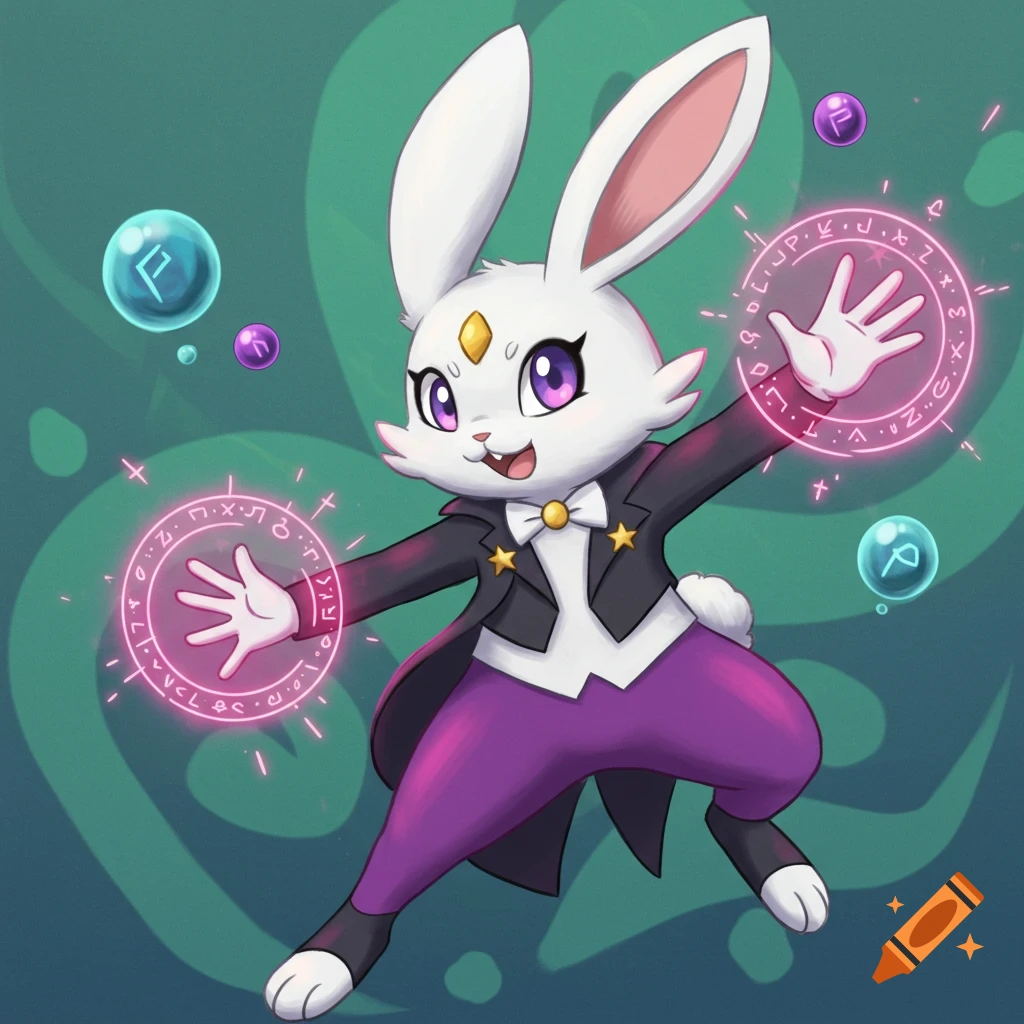 An anthropomorphic white rabbit in a black and purple superhero outfit ...