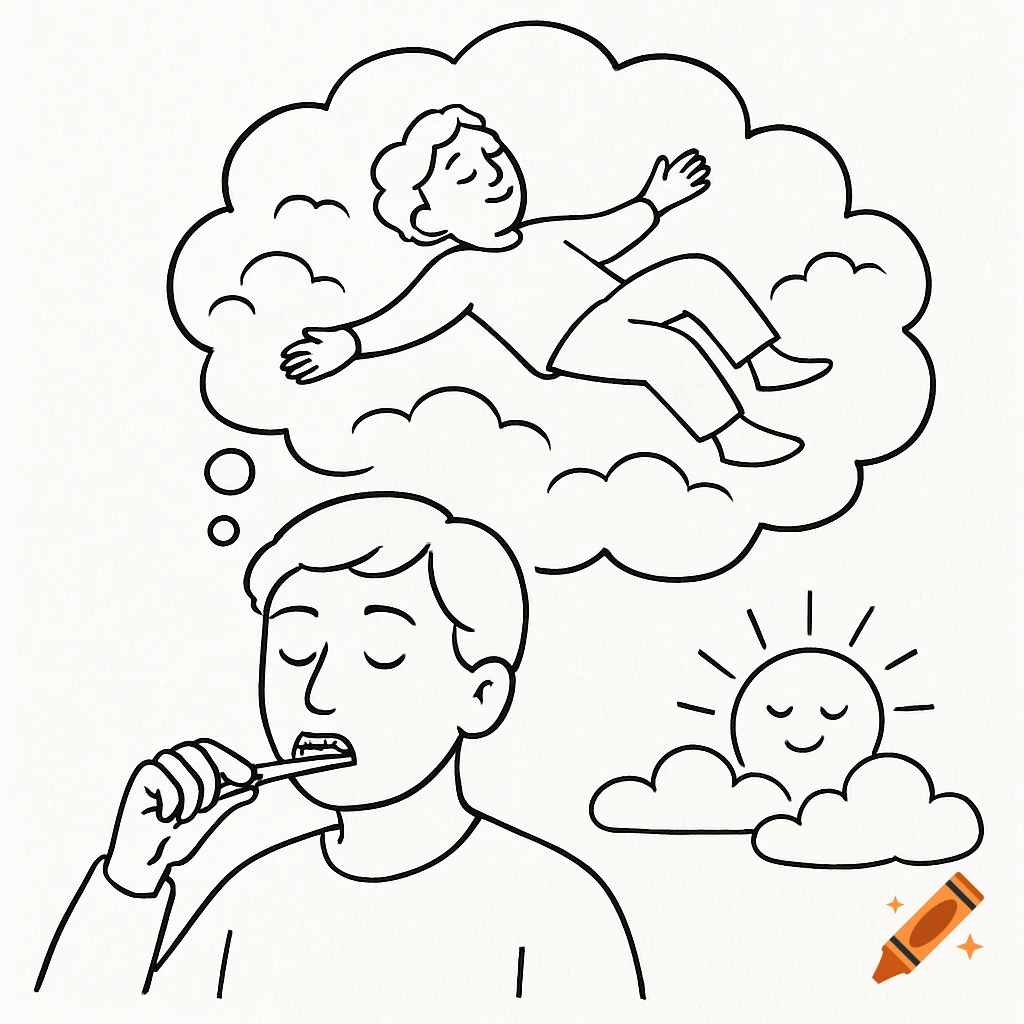 Line drawing of a person brushing their teeth, dreaming of floating on ...