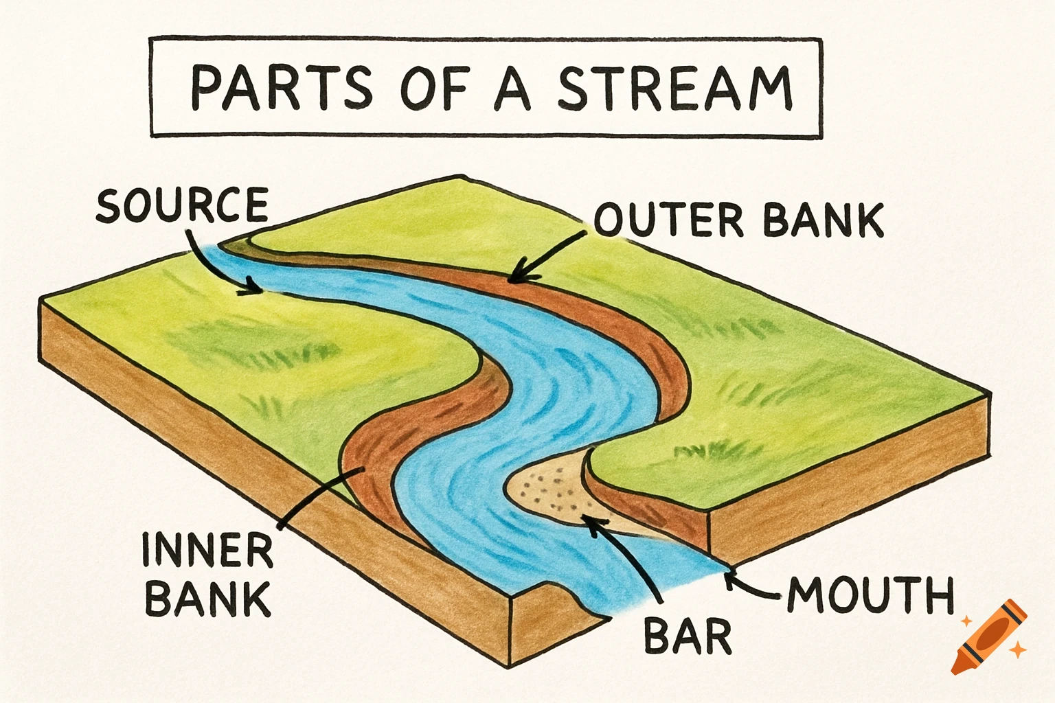 Hand-drawn diagram illustrating the parts of a stream with labels for ...