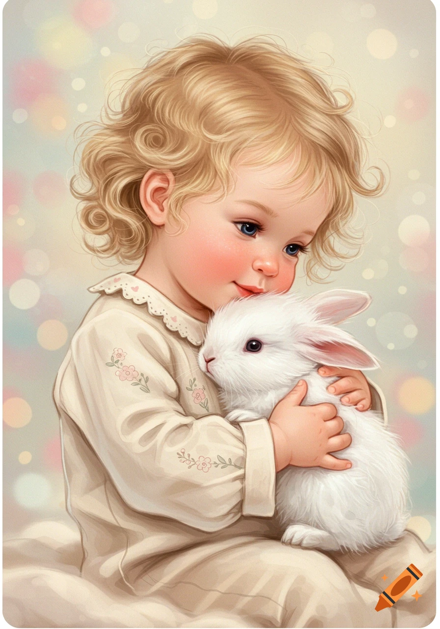 An illustration of a baby girl with blonde curly hair cuddling a white ...