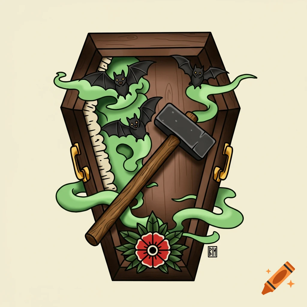 Traditional American tattoo of a coffin with green mist and bats ...