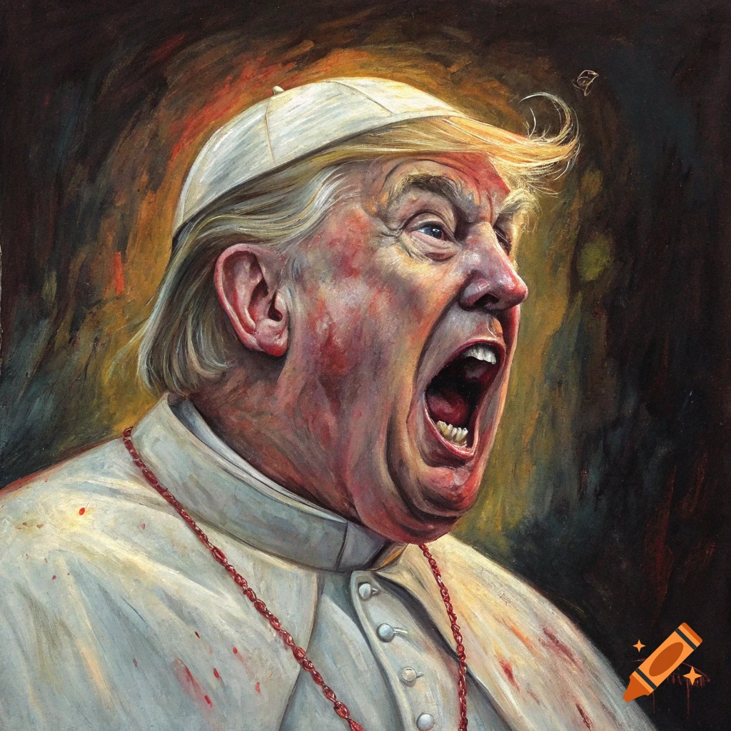 A painting of Donald Trump as a screaming pope in the style of Francis ...