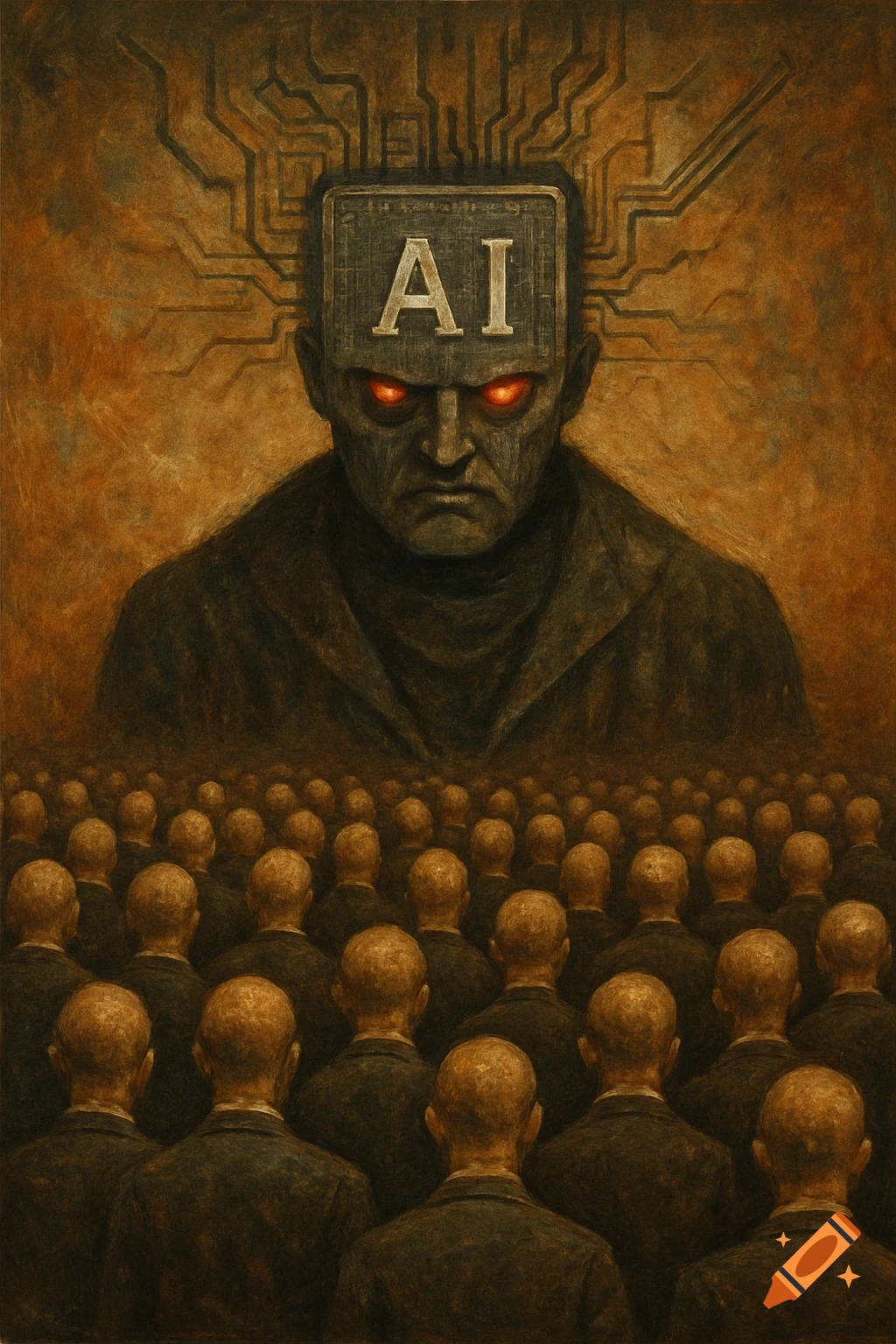 A dark, gritty painting shows a looming figure with "AI" on its head ...