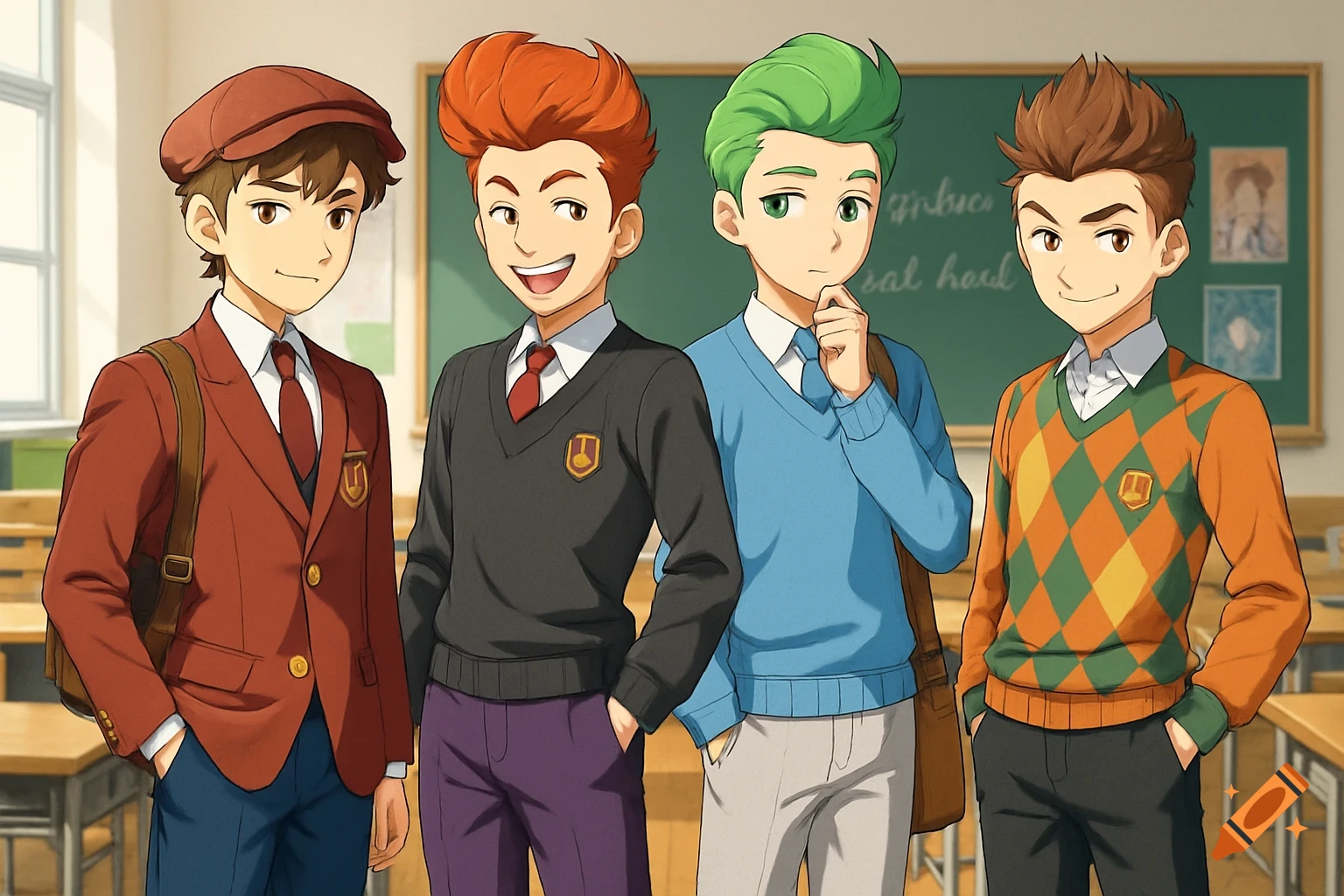 Four preppy anime boys with distinct hairstyles and school uniforms ...