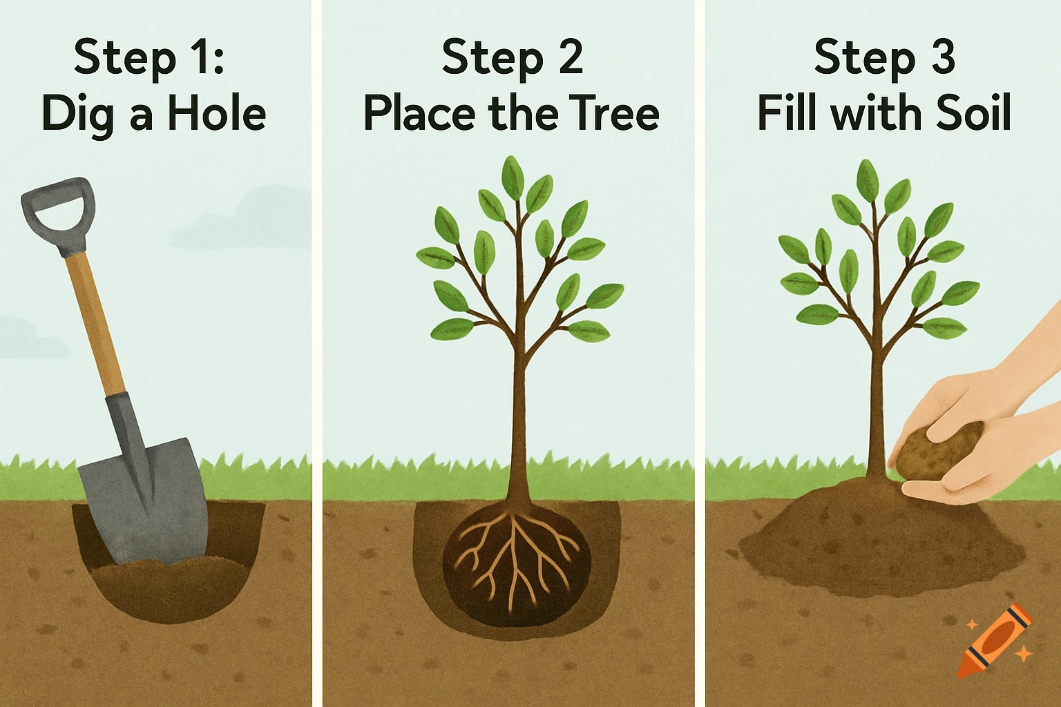 Illustration of three steps to plant a tree: dig a hole with a shovel ...