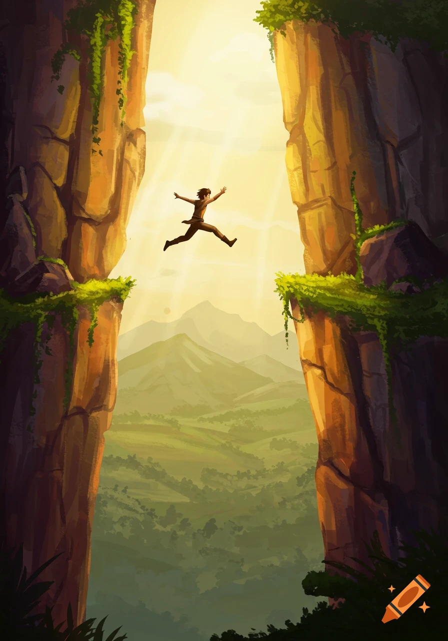 A stylized illustration of a person leaping across a wide gap between ...