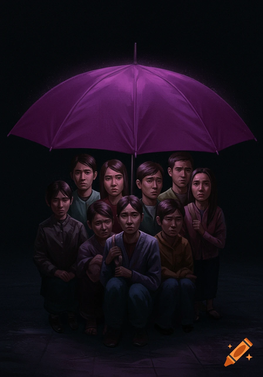 Digital painting of a group of solemn people huddled under a glowing ...