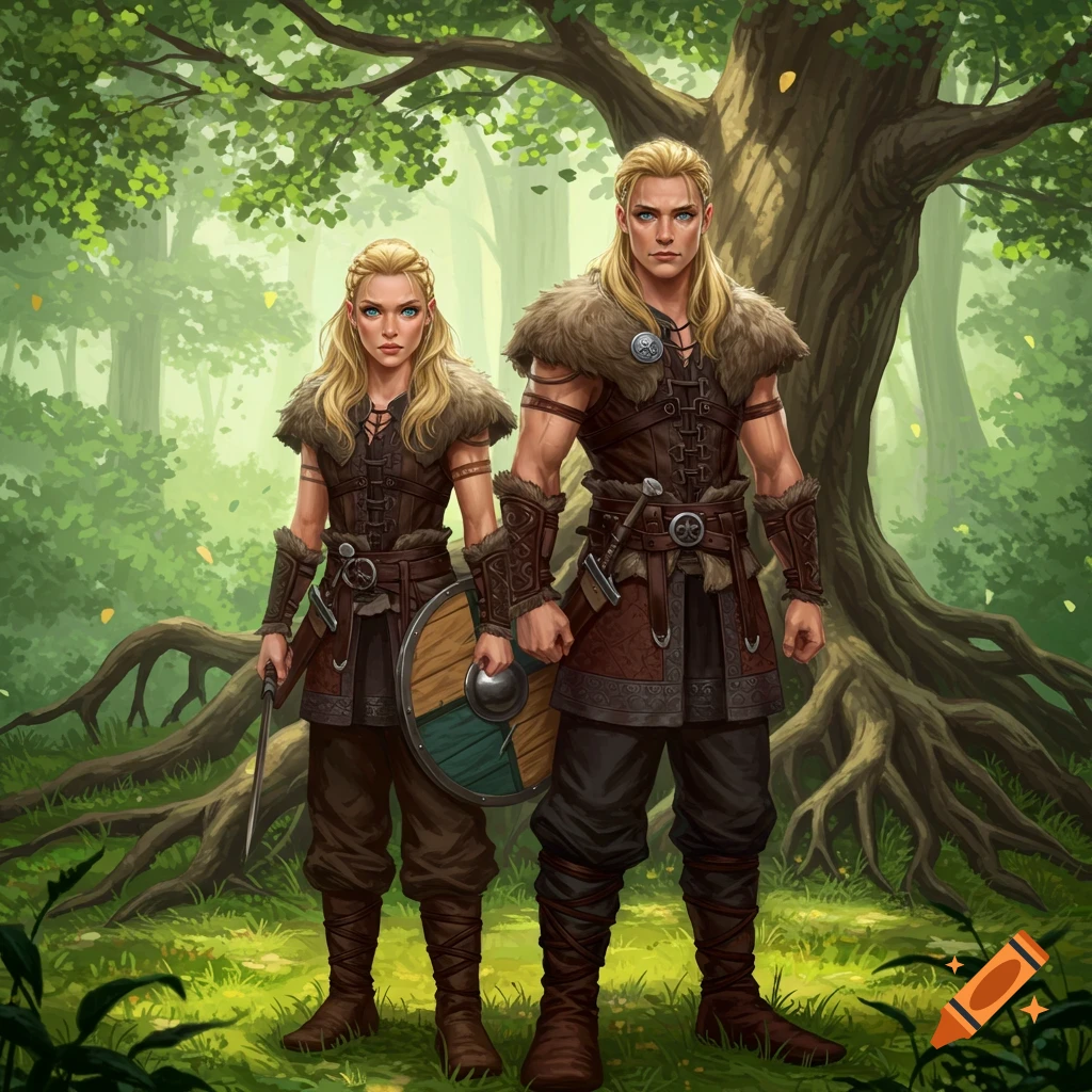 A blonde male and female in Viking attire stand in a lush green forest ...
