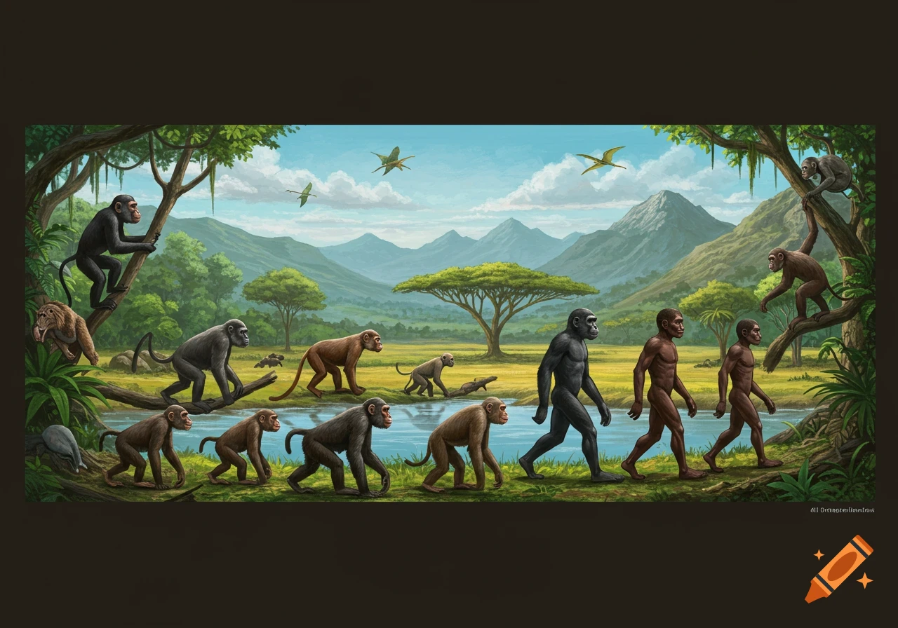 Illustration of primate and human evolution, showing figures walking in ...