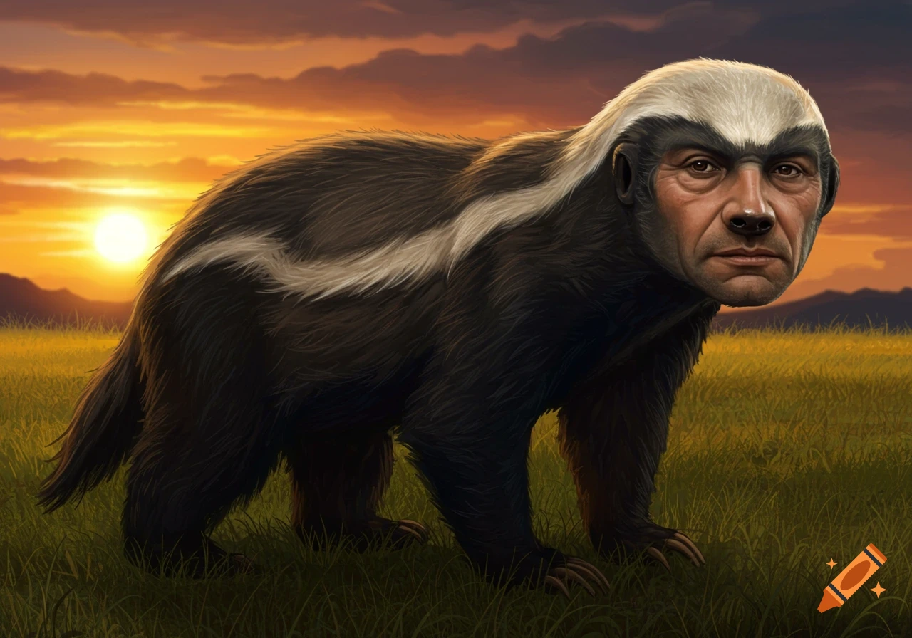 A honey badger with a man's face stands in a grassy field at sunset ...