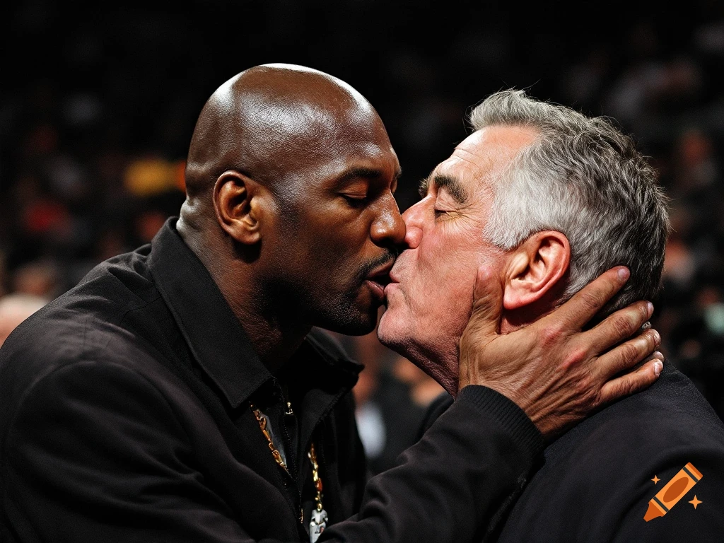 Close-up of Michael Jordan kissing Jerry Krause on the lips, both men with their eyes closed. on ...