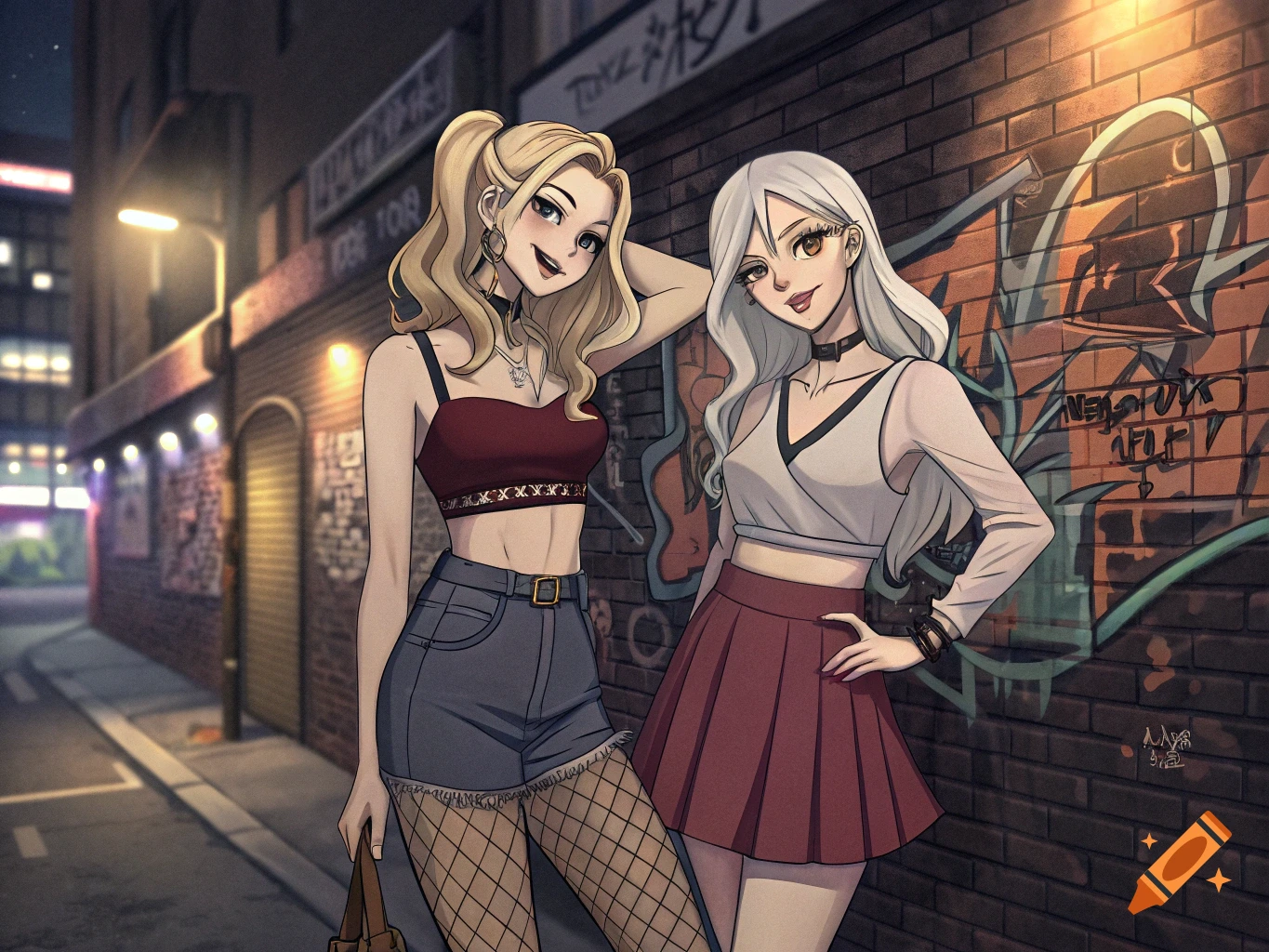 Two anime-style women in crop tops and skirts pose at night on an urban ...