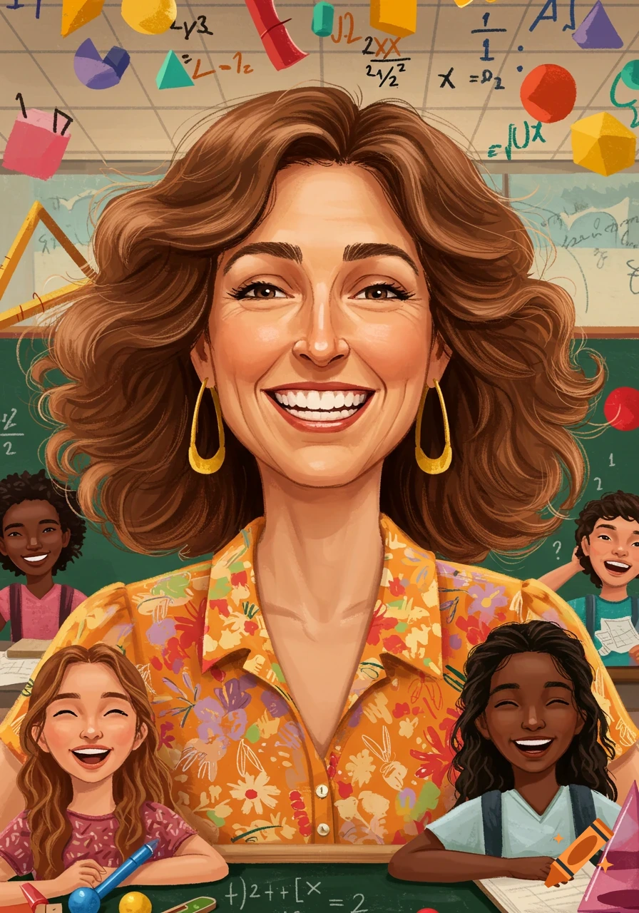 Illustration of a smiling math teacher surrounded by smiling students ...
