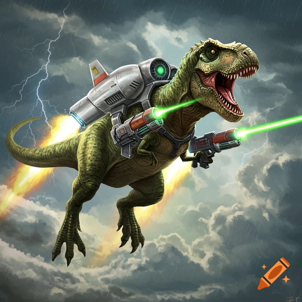 A fierce green Tyrannosaurus Rex flies through a stormy sky with ...