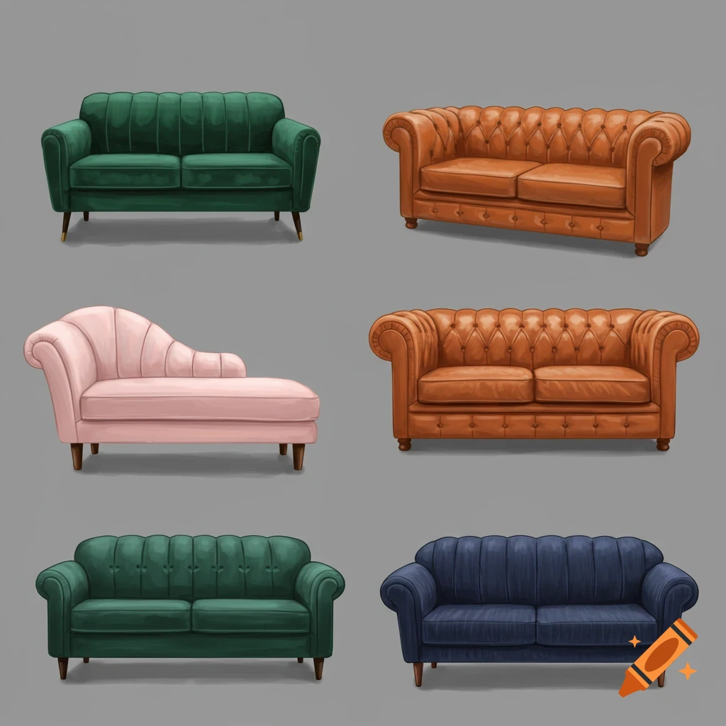 A collage of six different sofas and couches, including a green two ...