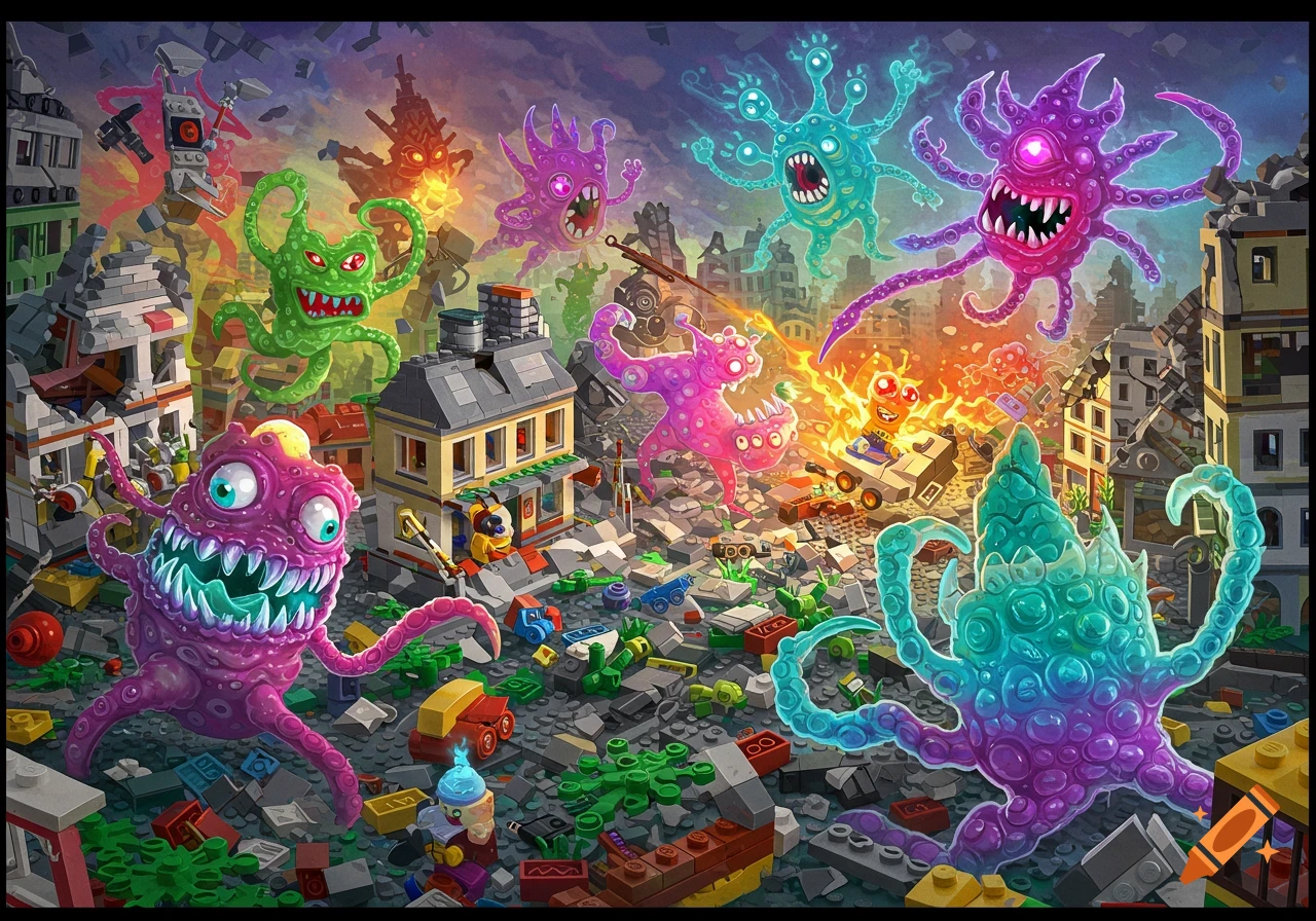 Colorful cartoon monsters attacking a destroyed Lego city with ...