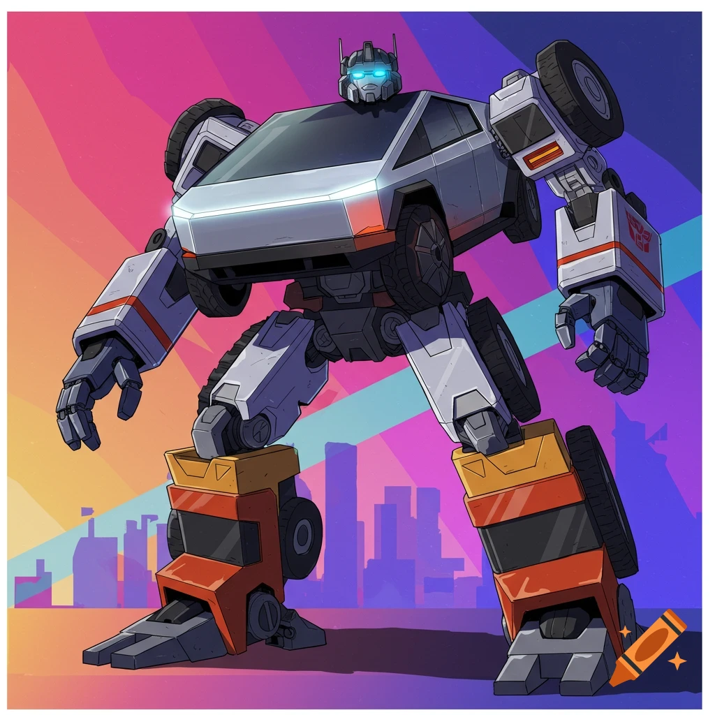 A robot resembling a Tesla Cybertruck, in a Transformers style, stands ...