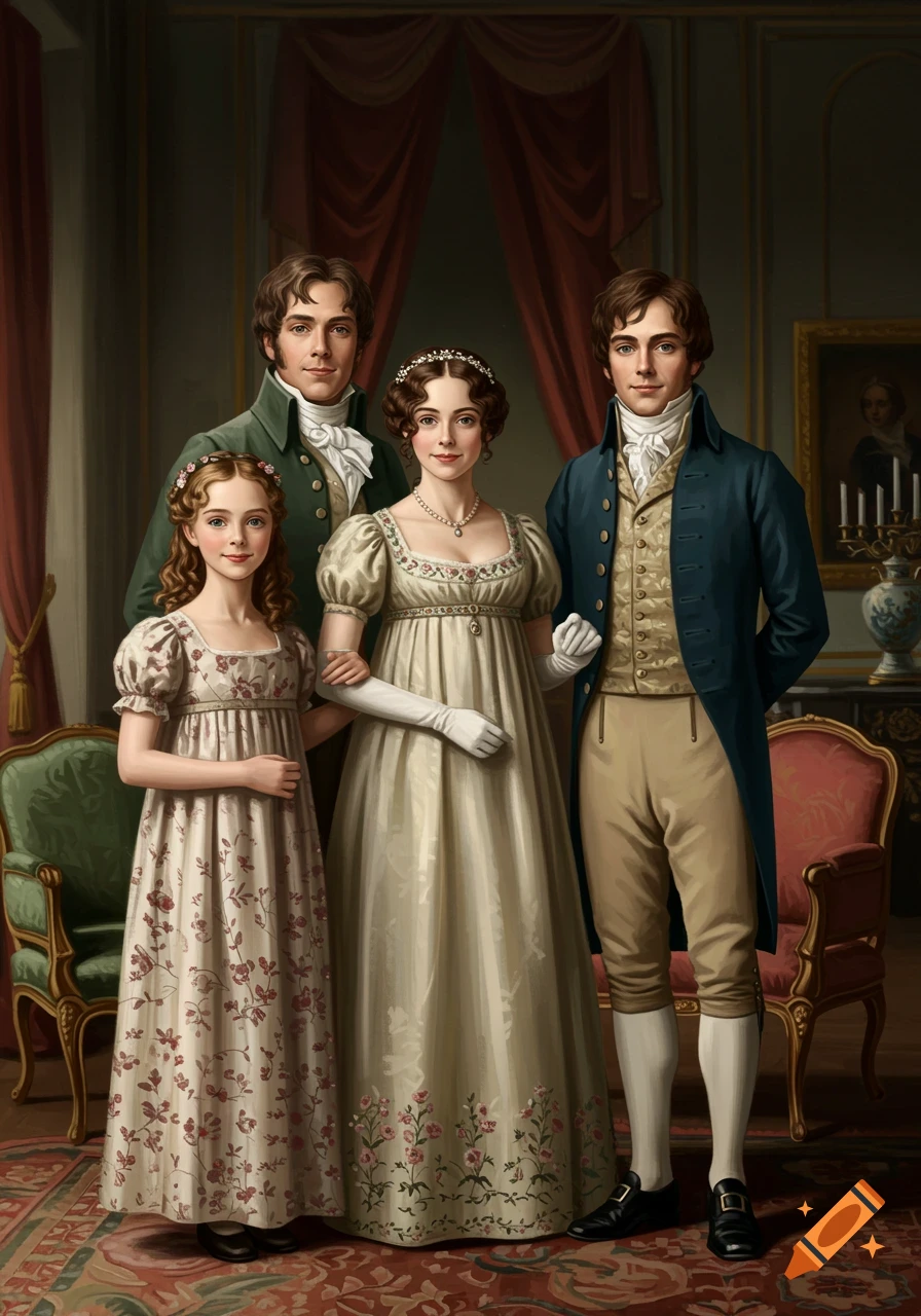 A painted portrait of a Regency era family of four, including two ...