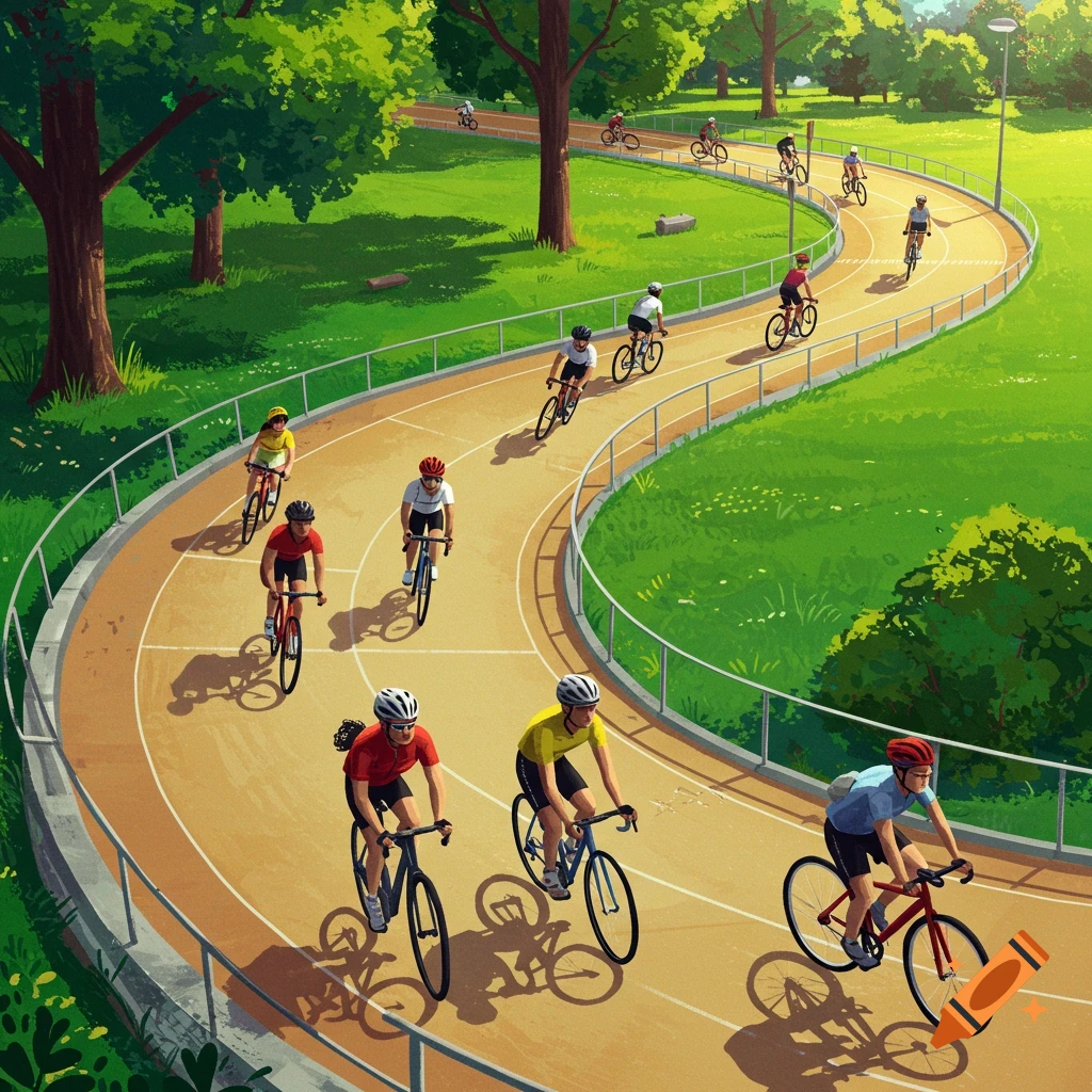 A group of cyclists rides on a winding outdoor bike track through a ...