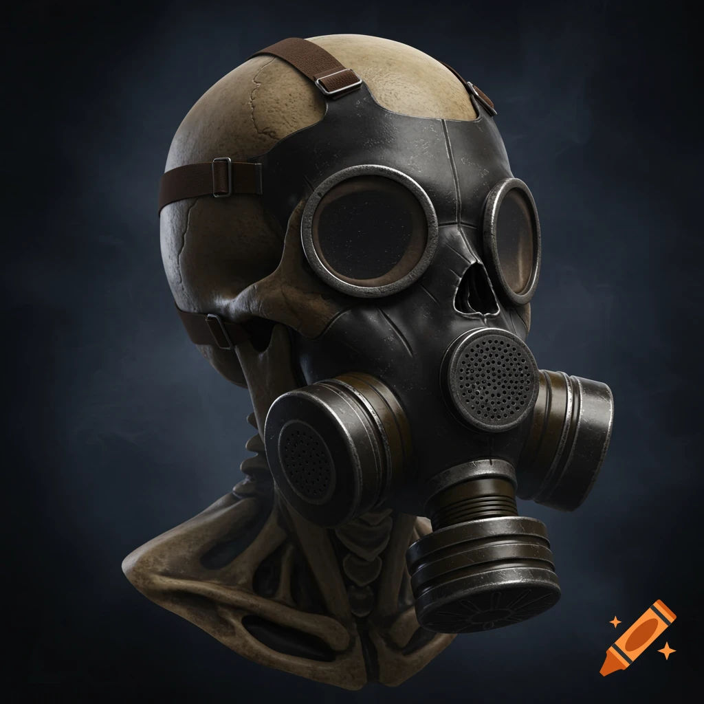 Photorealistic 3D render of a human skull wearing a dark, worn gas mask ...