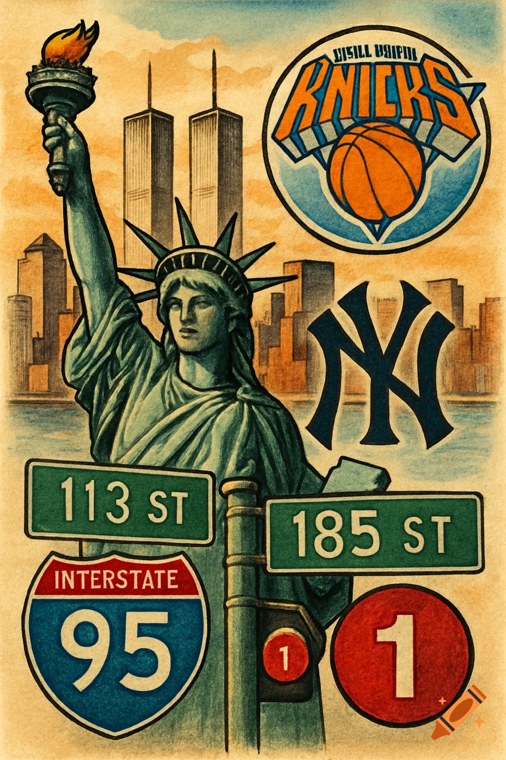 Vintage-style illustration of New York City landmarks, including the ...