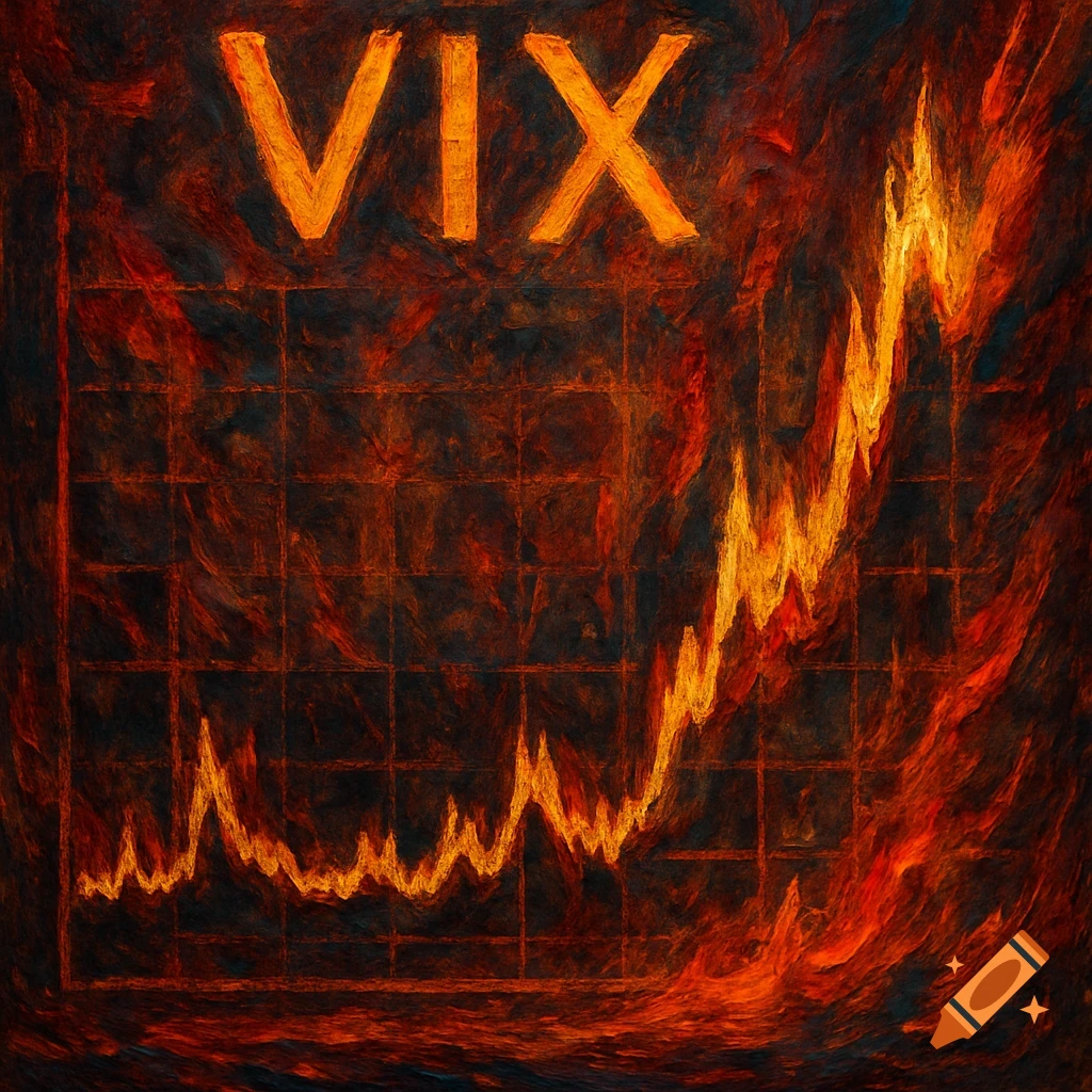 An abstract, fiery depiction of a volatile VIX financial chart with ...