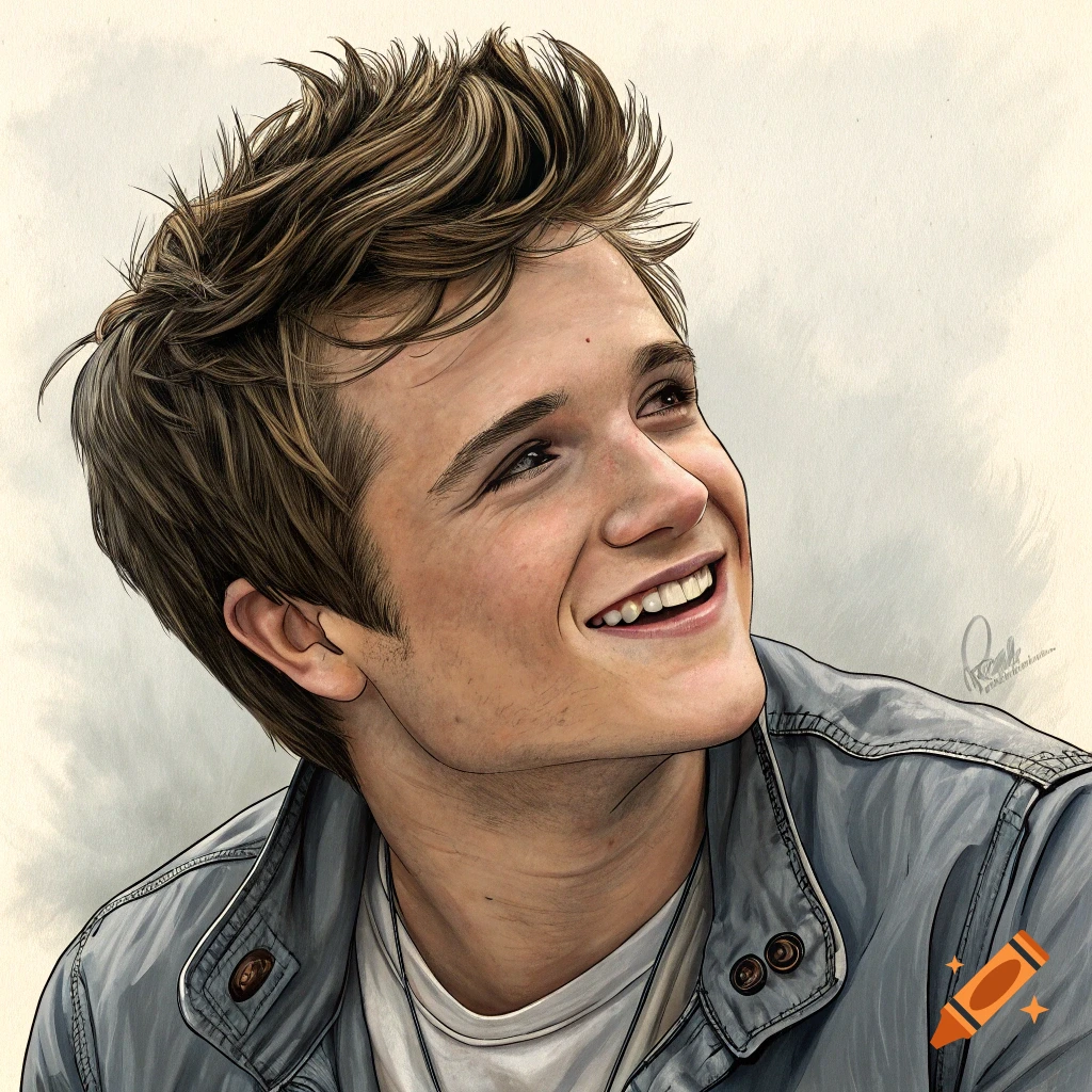 A stylized portrait drawing of a young man with messy brown hair and a ...
