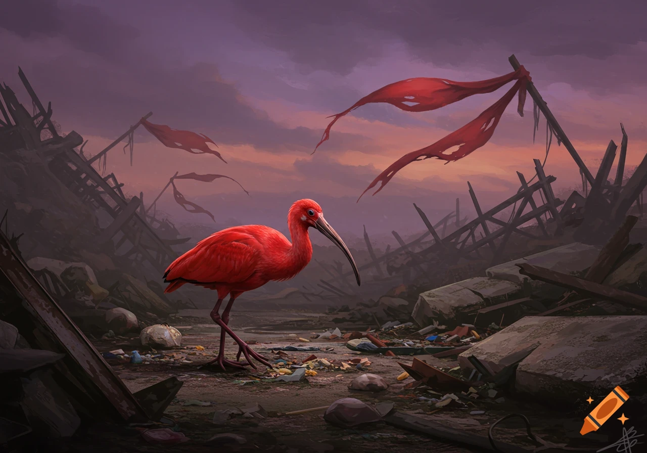 A vibrant red ibis stands in a desolate, trash-filled landscape with ...