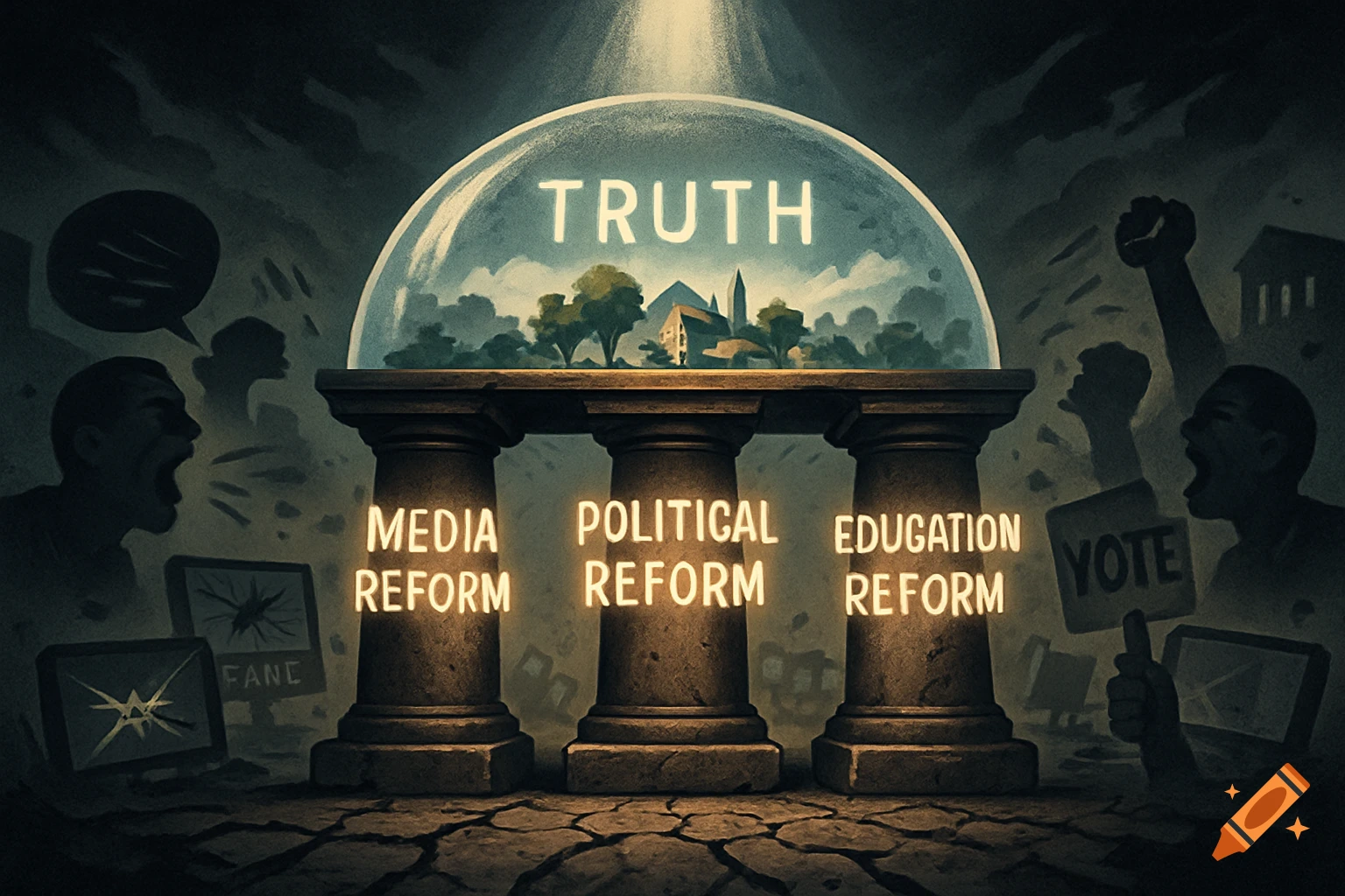 A symbolic illustration depicts three stone pillars supporting a dome ...