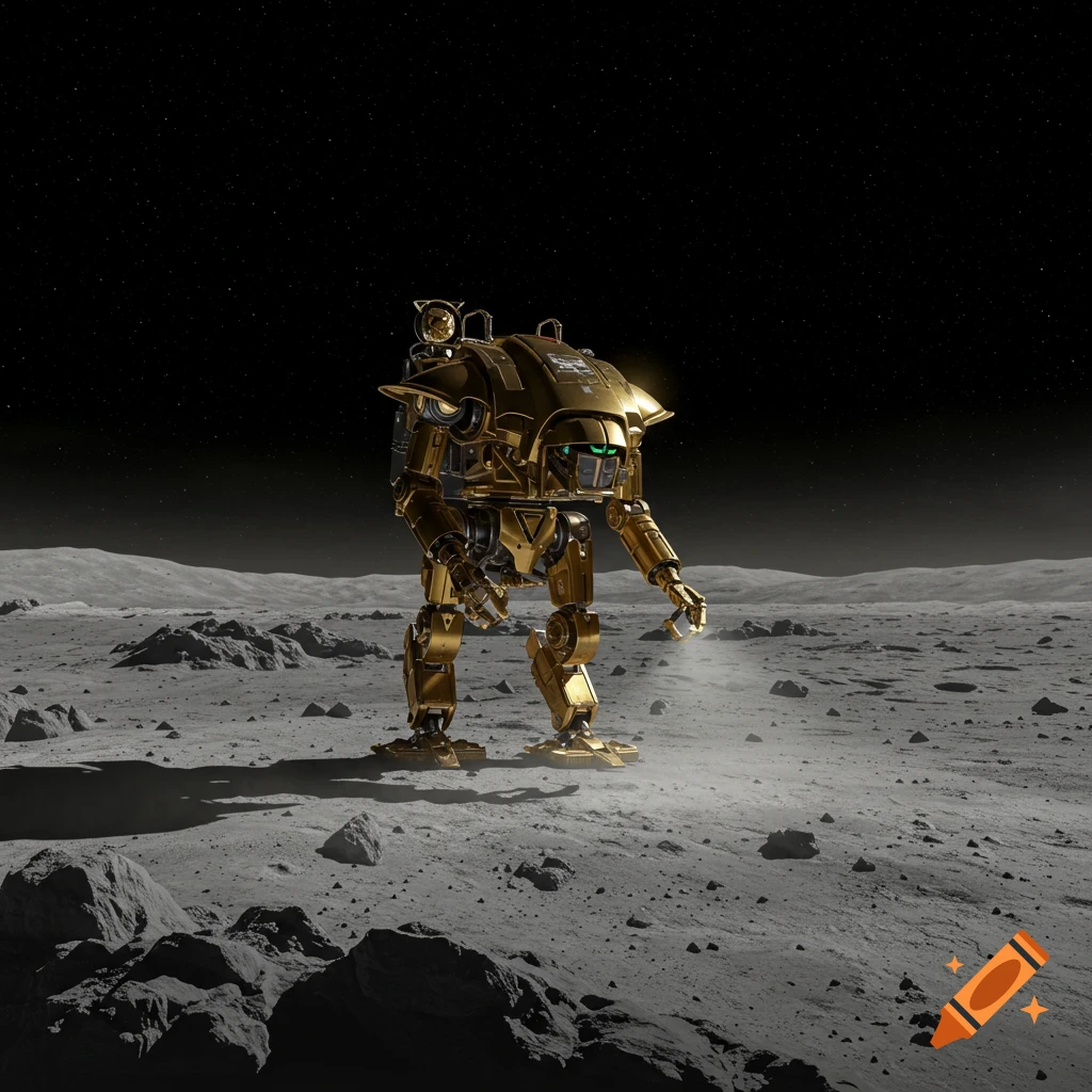 A large, golden robot stands on the desolate, cratered surface of the ...