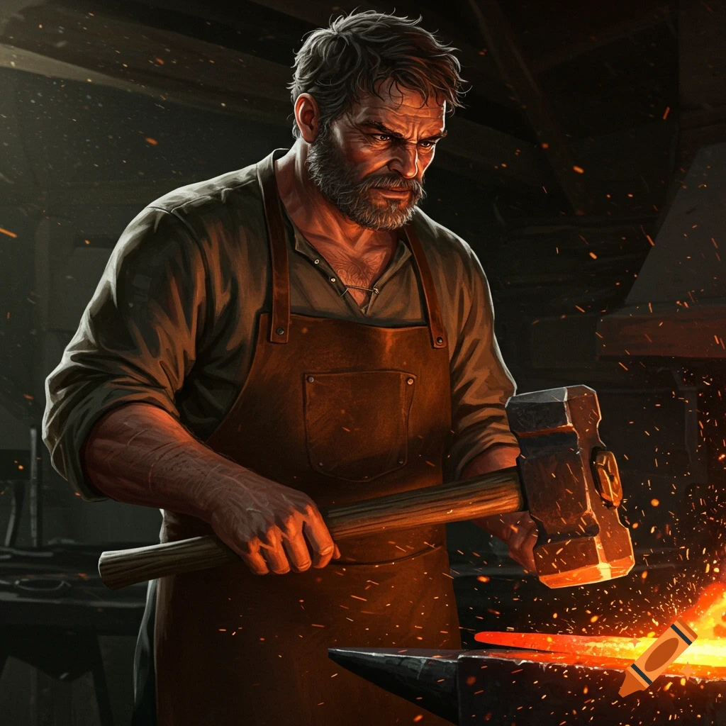 A rugged blacksmith with a beard swings a hammer over glowing metal on ...