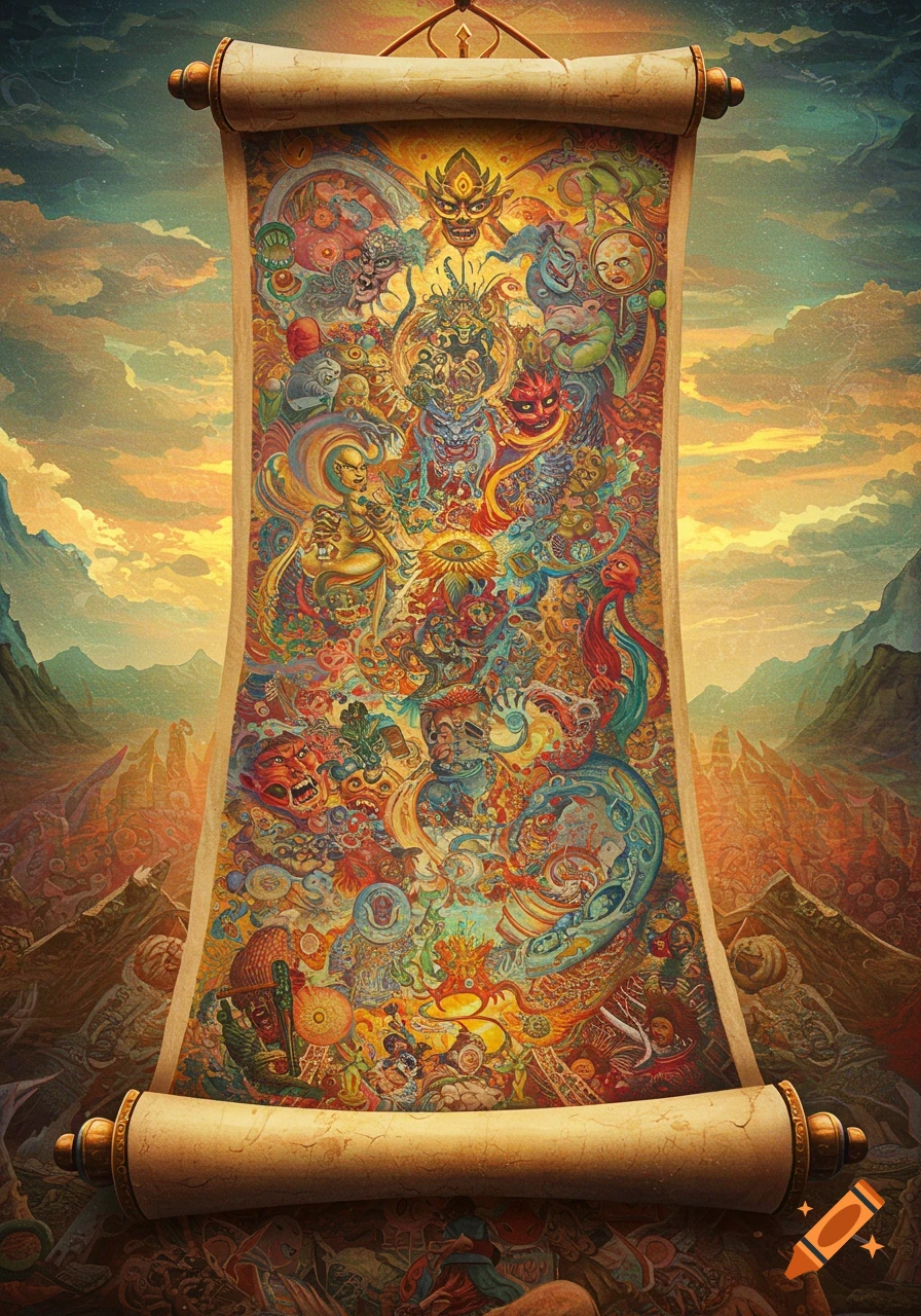 A massive, unfurled scroll displaying a highly detailed and colorful ...