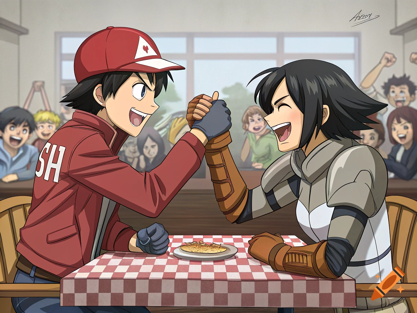 Ash Ketchum and Mikasa Ackerman arm wrestle on a checkered table in a ...