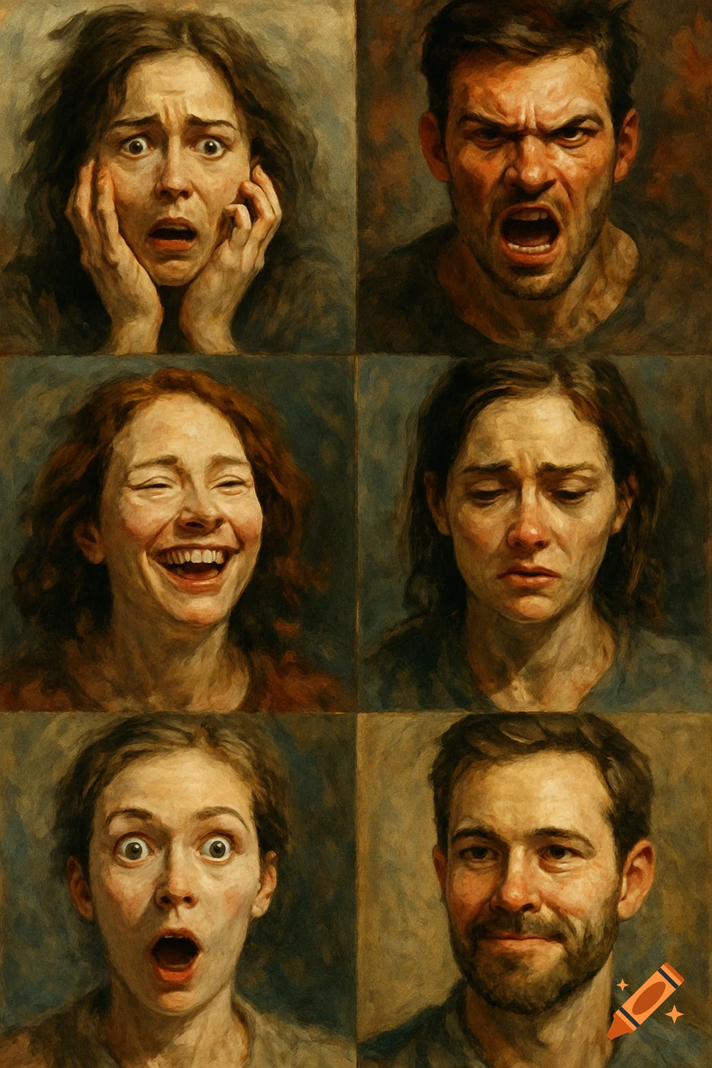 Six painted portraits in a grid, each depicting a different human ...