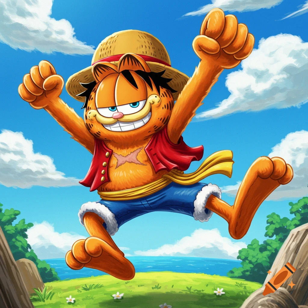 Cartoon Garfield dressed as One Piece's Luffy, jumping in a grassy ...