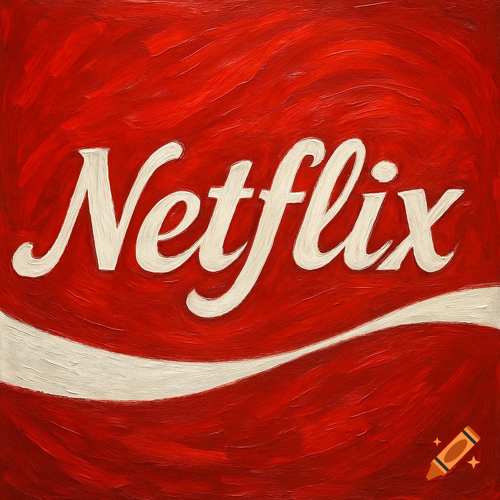 A painterly red image with the word 'Netflix' in white, styled like the ...