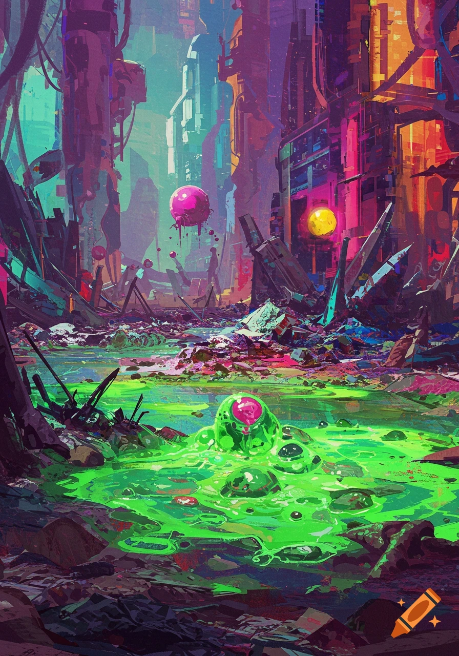 Vibrant neon dystopian cityscape with destroyed buildings and glowing ...