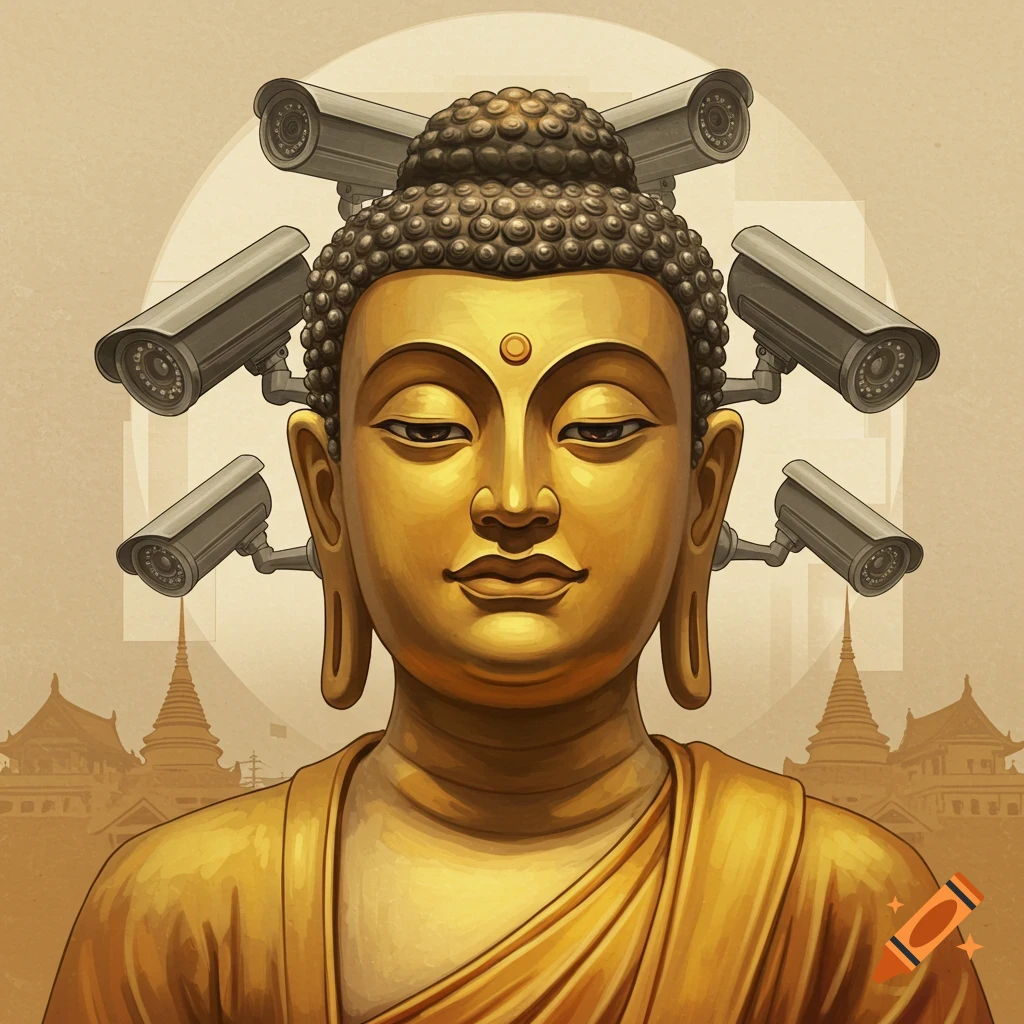 A golden Buddha statue with surveillance cameras replacing its eyes and ...